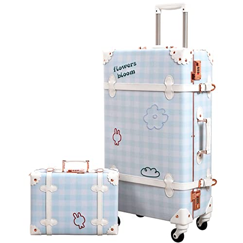 urecity Cute Suitcase Set for Teen Girls Kawaii, Lightweight and Durable Aesthetic Luggage Set 2 Piece, Tote Case Included (Blue Plaid, 26"+12")