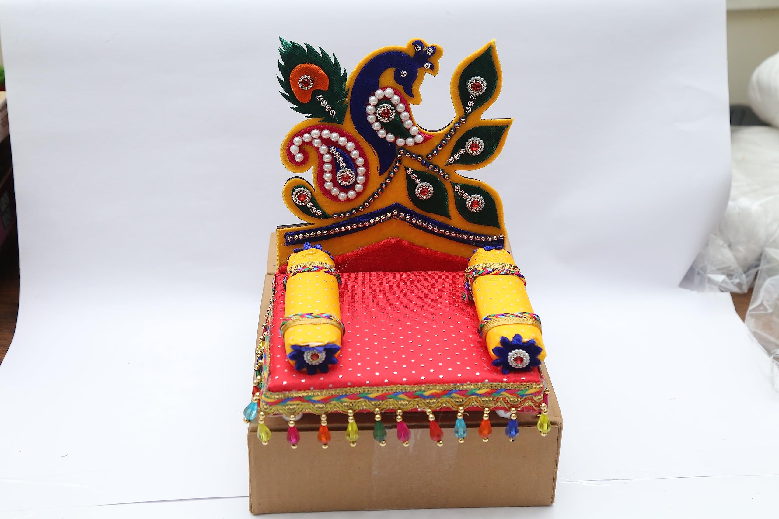 Laddu Gopal Ji Bed Kanha Ji Singhasan Krishna Ji Bed Medium Size Jhula Multicolor More Pankh