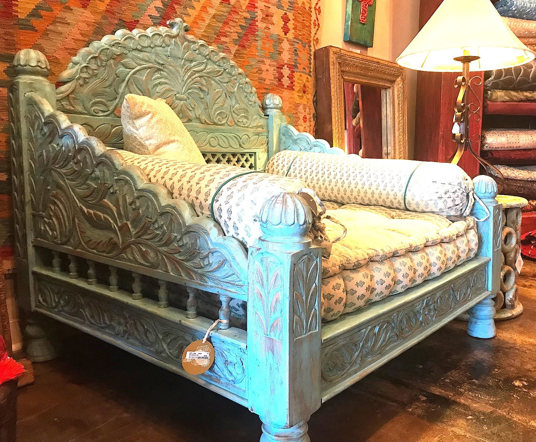 Carved Jhula Arch Love Seat. Hand Crafted from Solid Mahogany Wood. Designed & Imported by Worldcraft (Blue Percentage Finish, Love Seat: 34Dx33Wx42H)