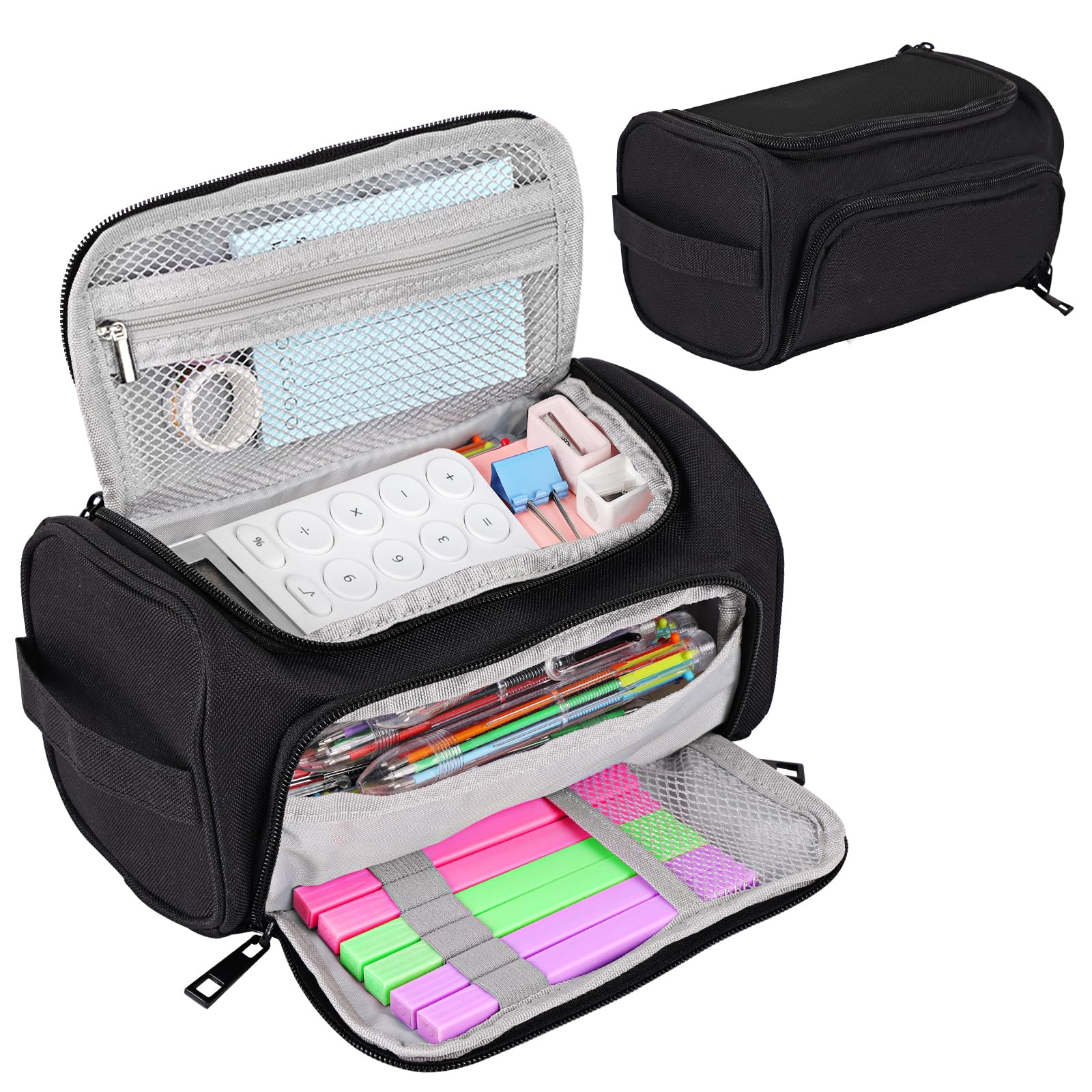 LABUK Pencil Case, Black Big Capacity Pencil Pouch, Stationery Bag School College Office Organizer for Teens Girls Men Women Adults Students Preppy