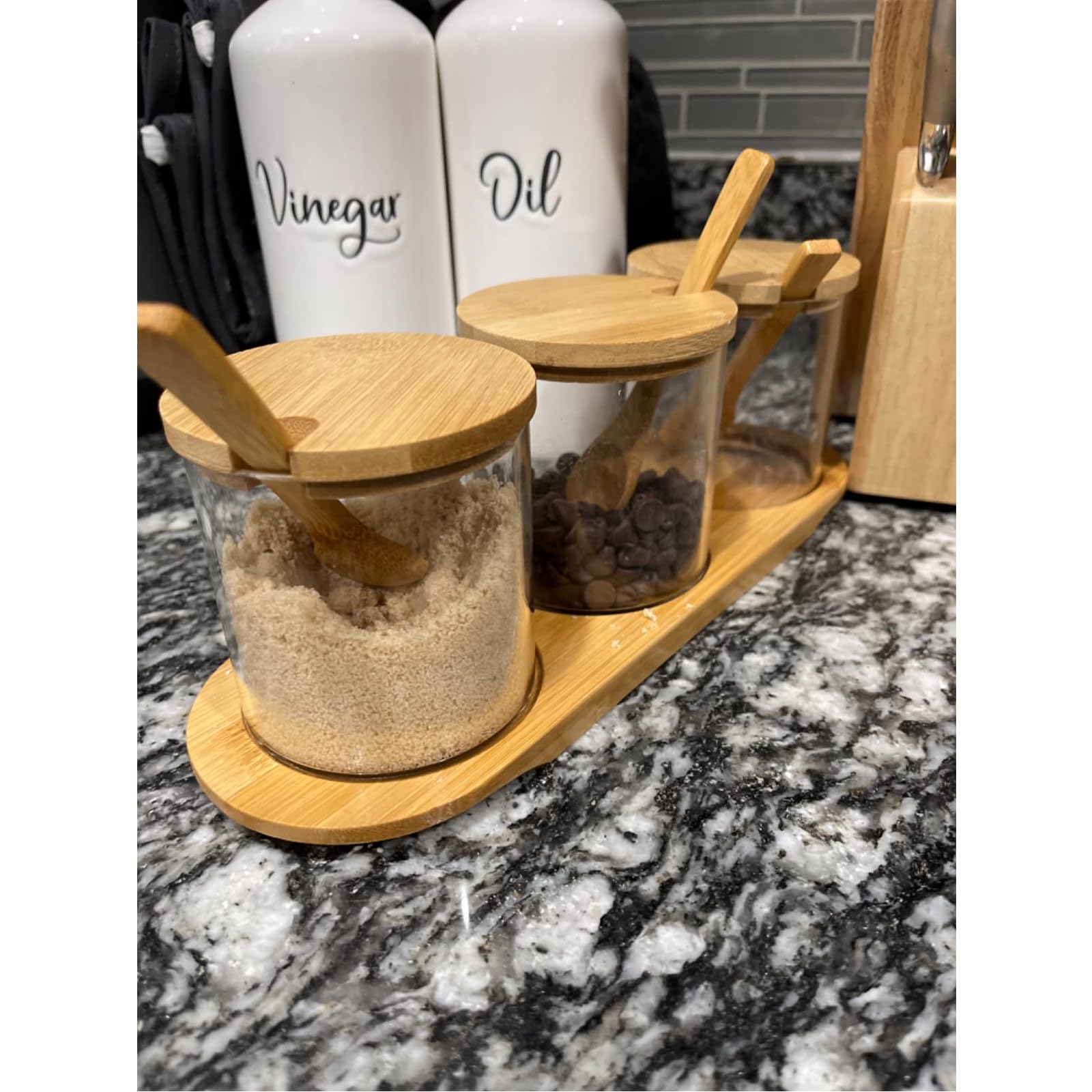 Glass Condiment Jar with 6 Lids, Sugar Bowl/Salt Box with Spoon and Blank Labels, Coffee Canister, Bath Salt Storage Jar, 12 oz, Set of 3