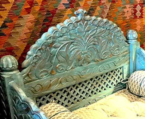Carved Jhula Arch Love Seat. Hand Crafted from Solid Mahogany Wood. Designed & Imported by Worldcraft (Blue Percentage Finish, Love Seat: 34Dx33Wx42H)