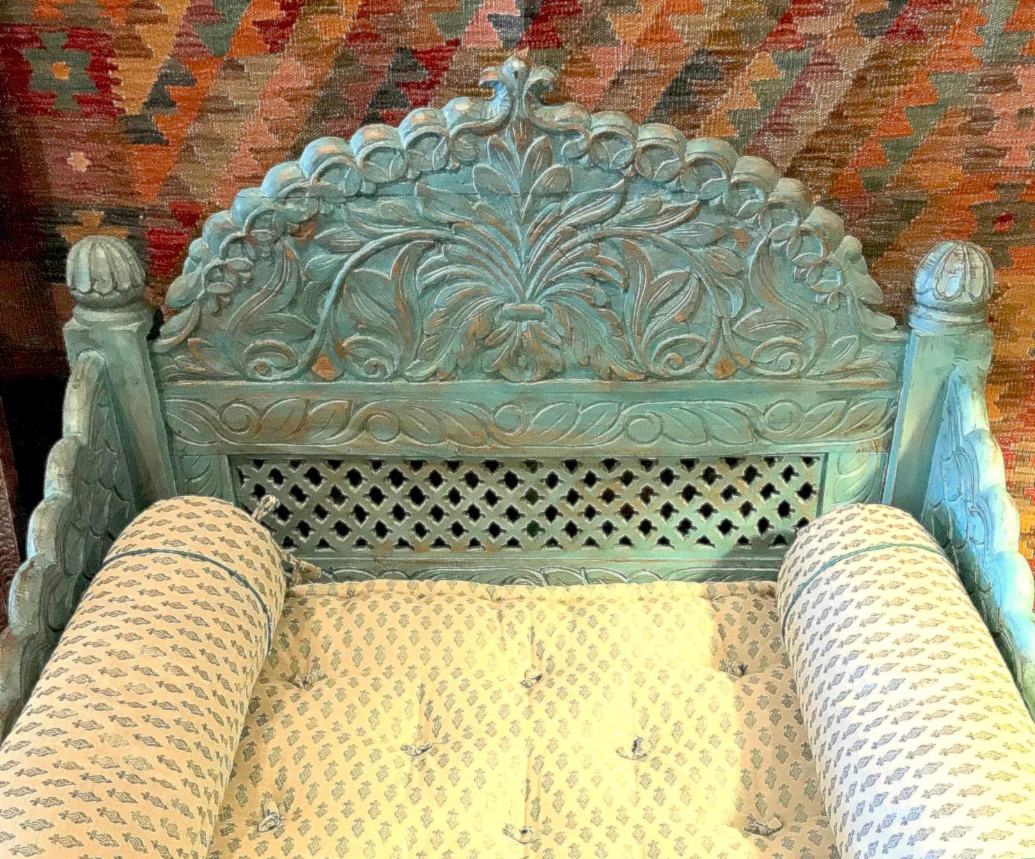Carved Jhula Arch Love Seat. Hand Crafted from Solid Mahogany Wood. Designed & Imported by Worldcraft (Blue Percentage Finish, Love Seat: 34Dx33Wx42H)