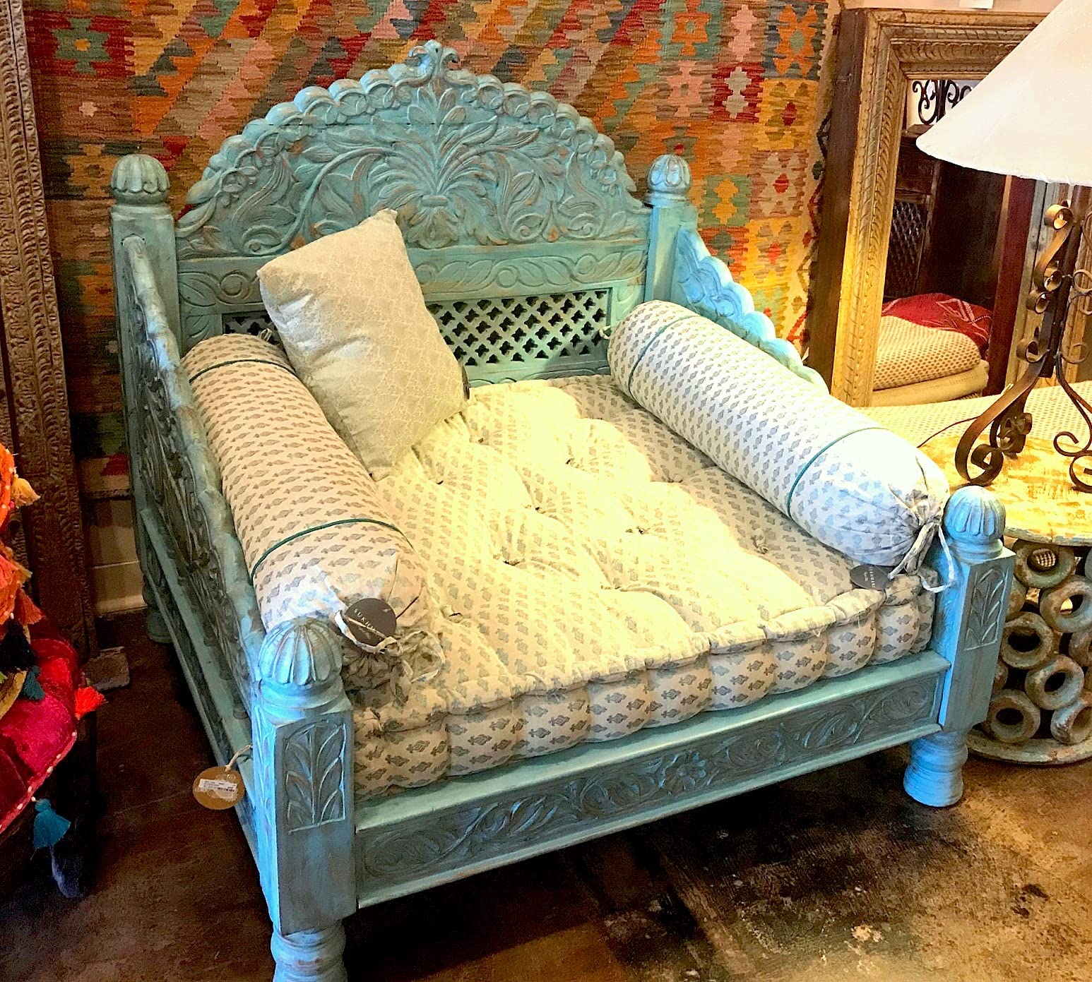 Carved Jhula Arch Love Seat. Hand Crafted from Solid Mahogany Wood. Designed & Imported by Worldcraft (Blue Percentage Finish, Love Seat: 34Dx33Wx42H)