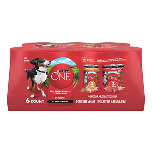 Purina ONE Classic Ground Chicken and Brown Rice, and Beef and Brown Rice Entrees Wet Dog Food Variety Pack - (Packs of 6) 13 oz. Cans