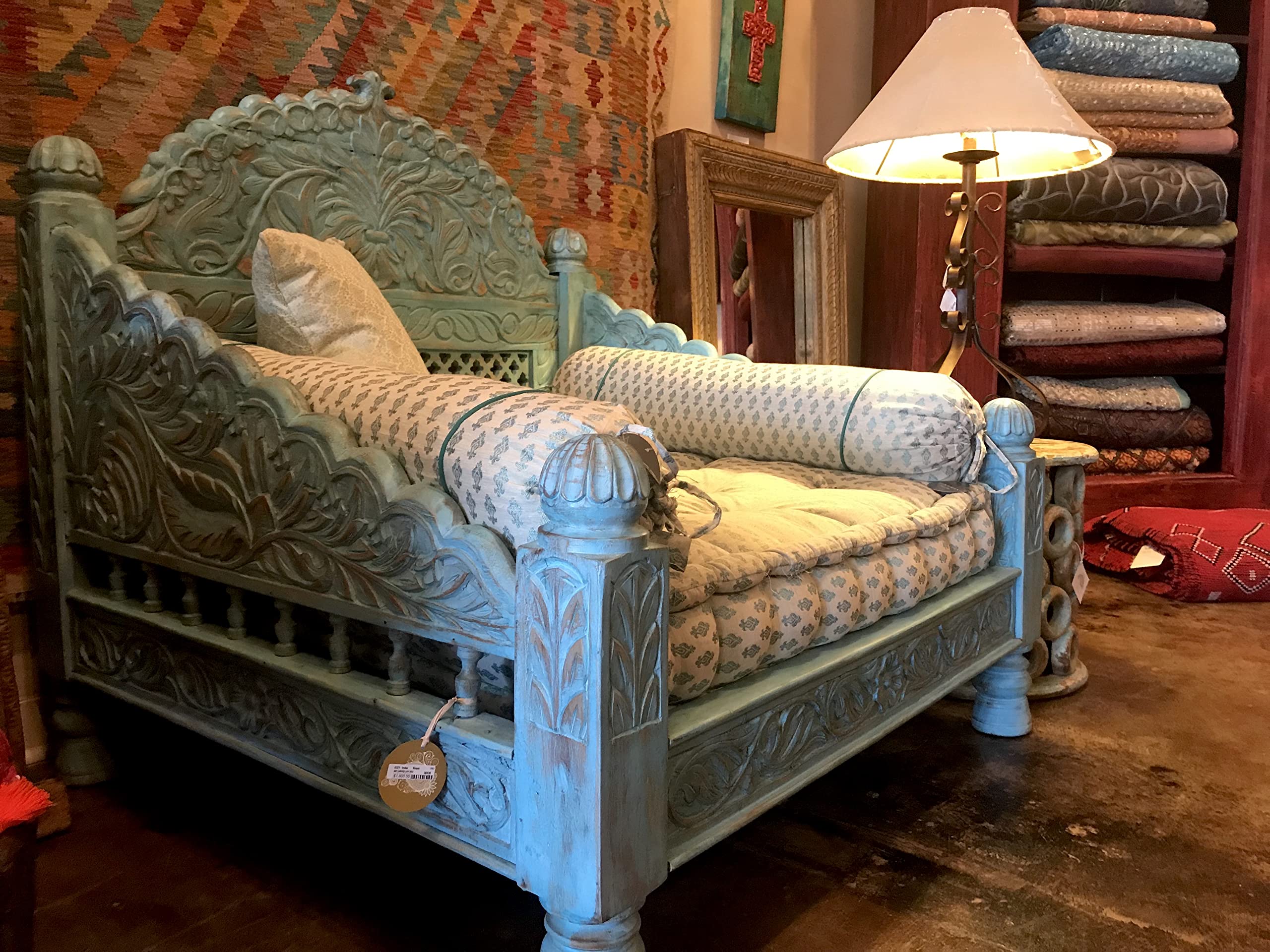 Carved Jhula Arch Love Seat. Hand Crafted from Solid Mahogany Wood. Designed & Imported by Worldcraft (Blue Percentage Finish, Love Seat: 34Dx33Wx42H)
