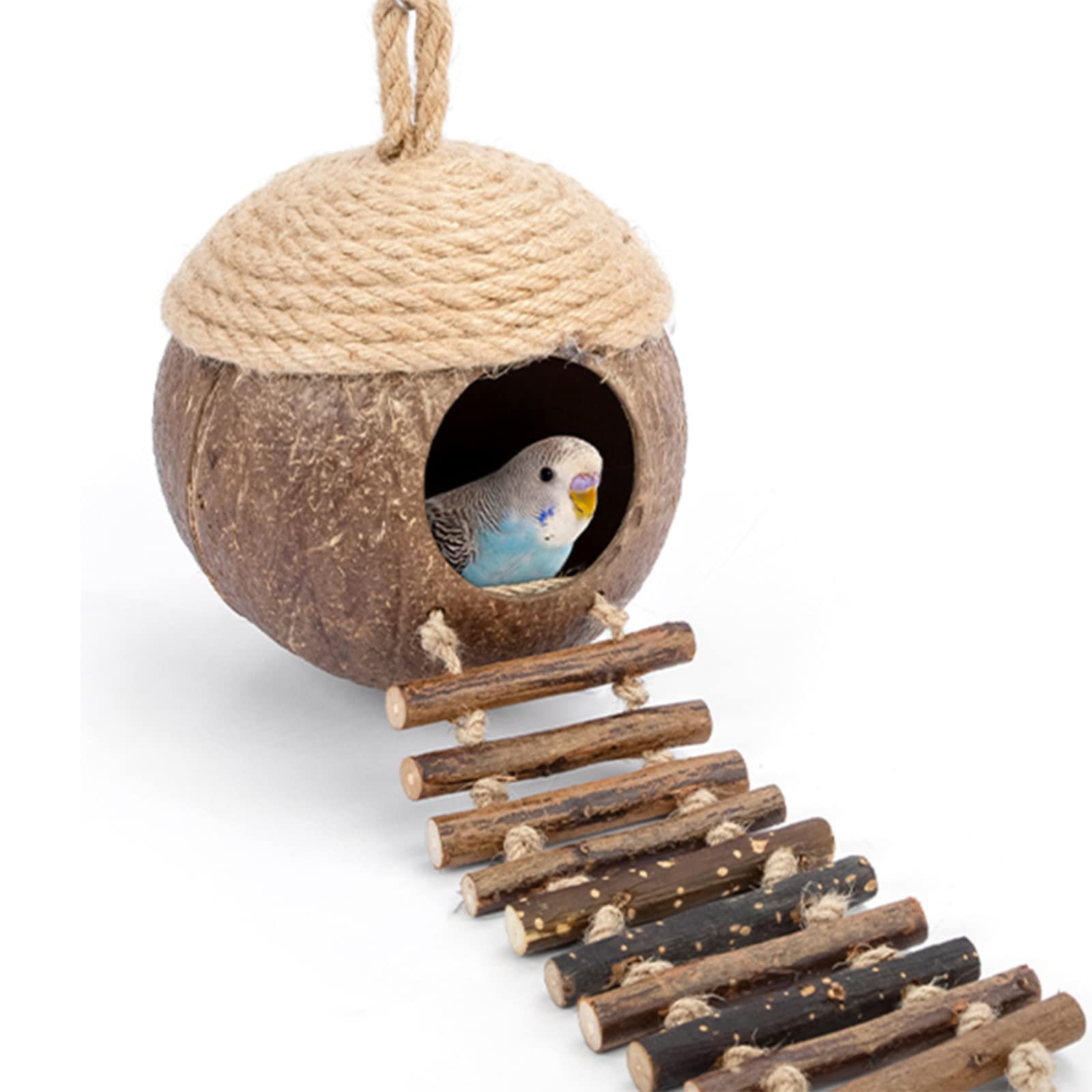 Dlhbafuya Coconut Birdhouse Coconut Shell Climbing nest Hamster hut with Ladder pet Bird Climbing Ladder nest Coconut Shell Bird nest Small Animal Habitat nest.