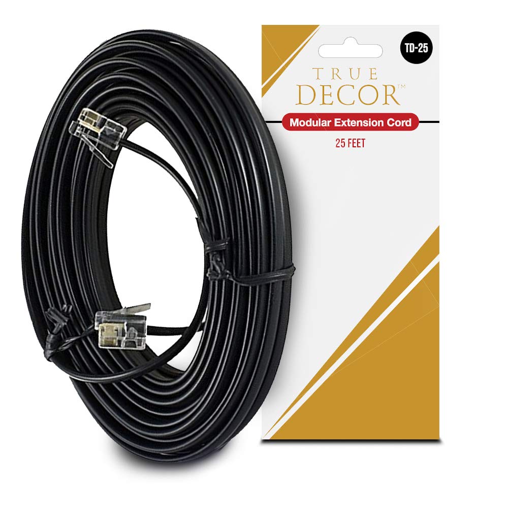 True Decor 25 Feet Black Phone Telephone Extension Cord Cable Wire with Standard RJ-11 Plugs