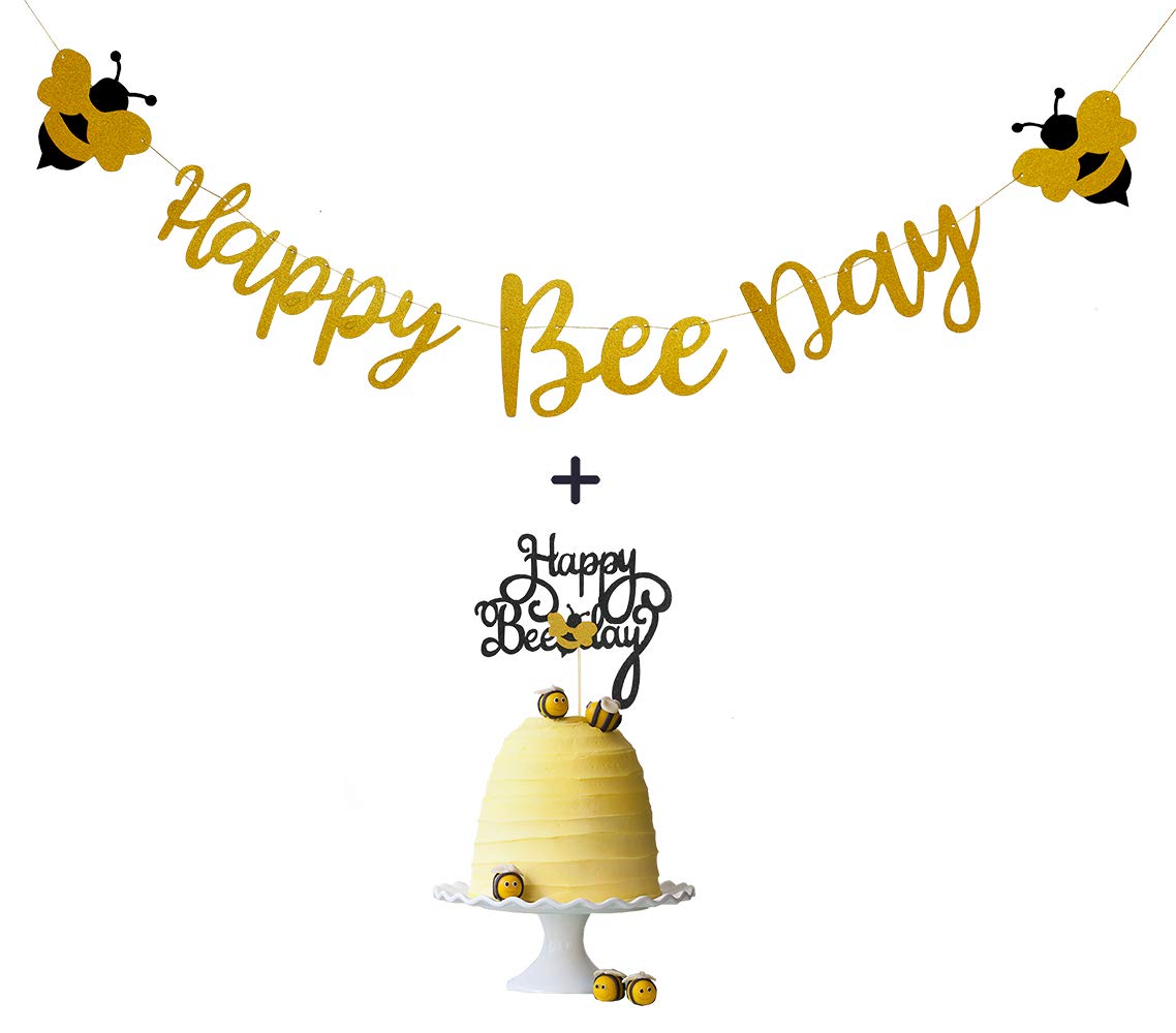 Happy Bee Day Banner and Gold Glitter Happy Bee Day Cake Topper for Bumble Bee Themed Birthday Party Supplies by Topfun