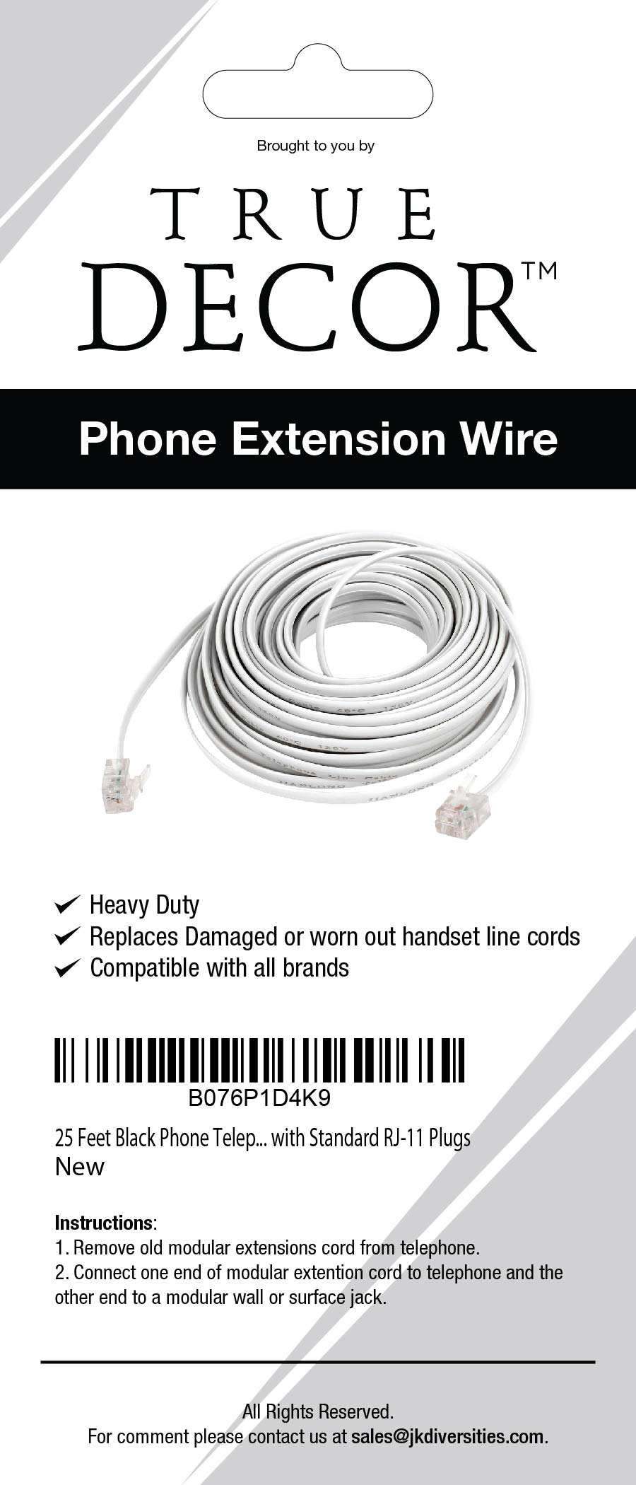True Decor 25 Feet Black Phone Telephone Extension Cord Cable Wire with Standard RJ-11 Plugs