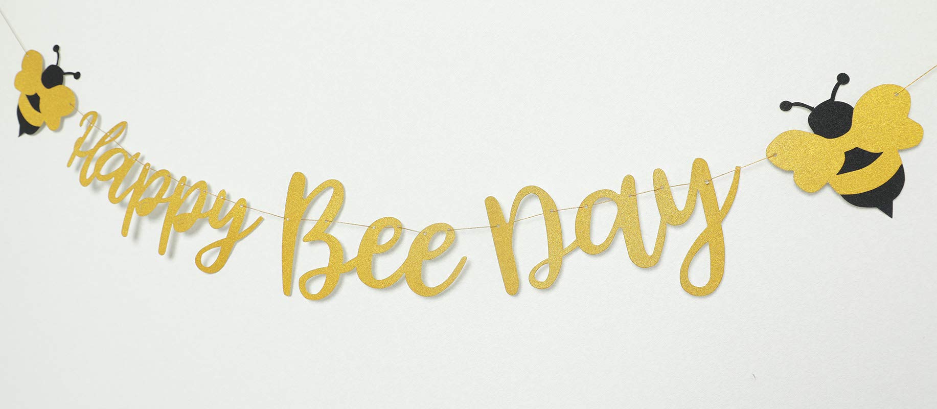Happy Bee Day Banner and Gold Glitter Happy Bee Day Cake Topper for Bumble Bee Themed Birthday Party Supplies by Topfun