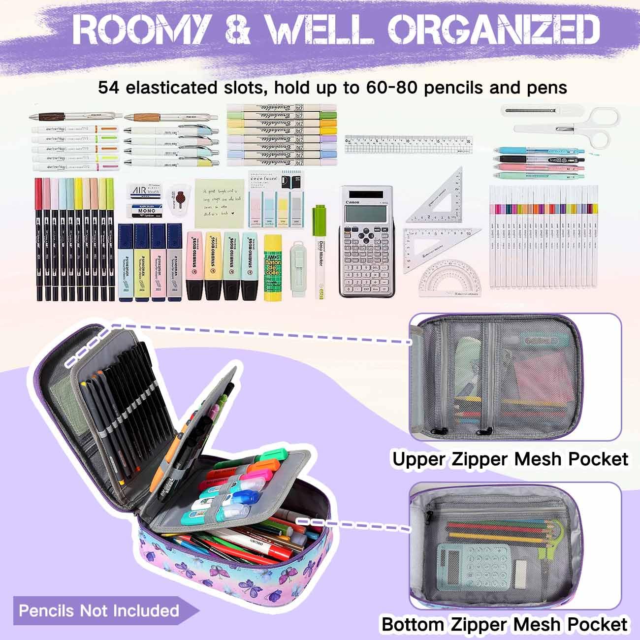 Kasqo Large Pencil Case, Marker Pencils Pouch Bag Holder Polyester Stationery Storage Multiple Compartment Top Handle for Middle High School Office College Student Girl Women Adult Teens, Butterfly