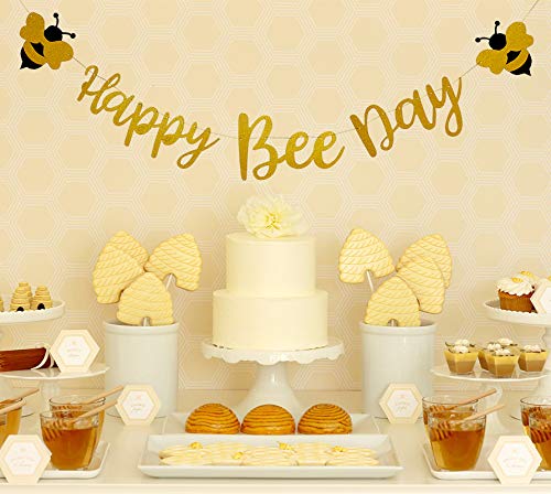 Happy Bee Day Banner and Gold Glitter Happy Bee Day Cake Topper for Bumble Bee Themed Birthday Party Supplies by Topfun