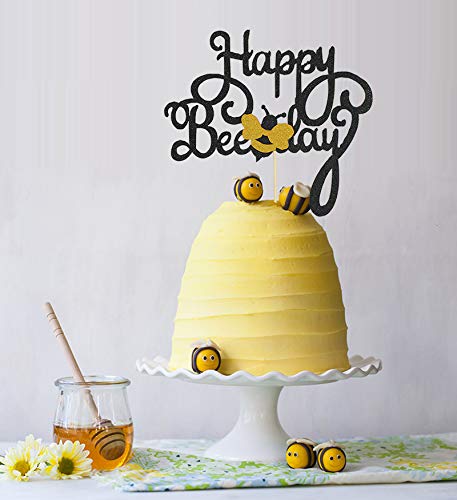 Happy Bee Day Banner and Gold Glitter Happy Bee Day Cake Topper for Bumble Bee Themed Birthday Party Supplies by Topfun