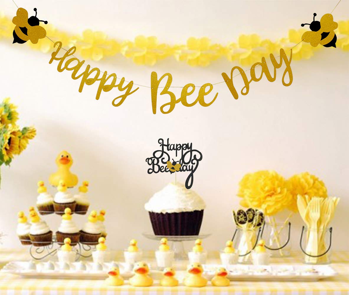 Happy Bee Day Banner and Gold Glitter Happy Bee Day Cake Topper for Bumble Bee Themed Birthday Party Supplies by Topfun