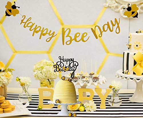 Happy Bee Day Banner and Gold Glitter Happy Bee Day Cake Topper for Bumble Bee Themed Birthday Party Supplies by Topfun