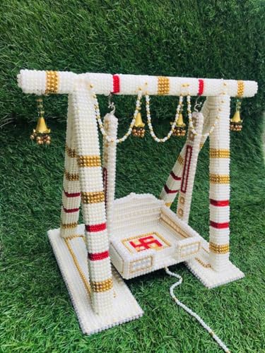 Wooden Jhula with BeautifulLaddu Gopal Jhula for Pooja & Home Decor Pearl Design Handmade Wooden Laddu Gopal Jhula/Swing (Foldable) White Color 33 cm