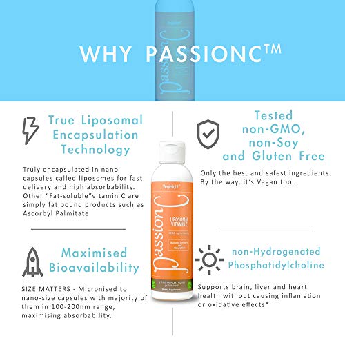 VEGIELIGHT PassionC Liposomal Vitamin C 1000mg - True Encapsulation - High Absorption Low Sodium Liquid Formula - High Dose VIT C Antioxidant - Refreshing Pineapple Flavor