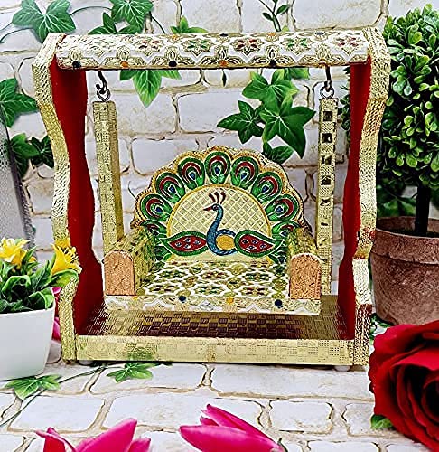 Anjali Enterprises Wooden Handcrafted Meenakari Jhula for Laddu Gopal/Bal Gopal/Krishana Jhula/Jhoola/Laddu Gopal (7.25 inch | Multicolour)