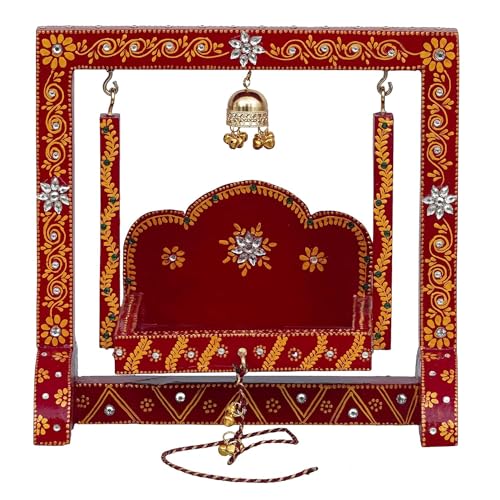 Wooden Jhula with Beautiful Laddu Wooden Jhula for Laddu Gopal janmashtami Jhula Nand Gopal Swing Palna Decorative Showpiece Red Colour 10 inch