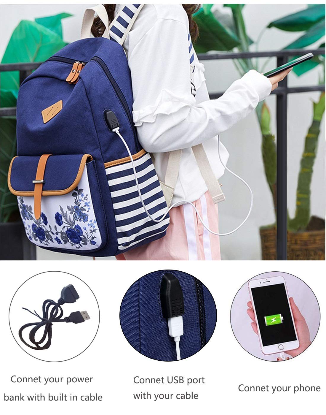 Goldwheat Canvas Backpacks for Girls with USB Charging Port School Bookbag