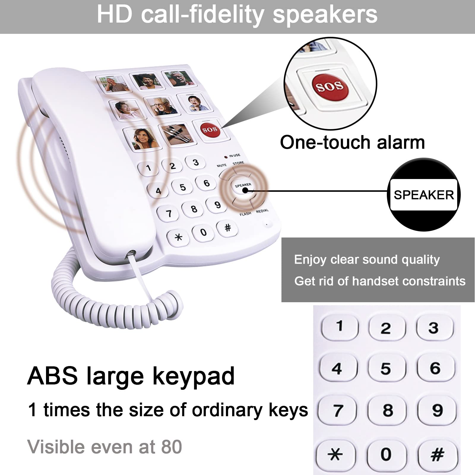 Big Button Phone for Seniors, LD‑858HF Key Amplified Telephone Photo Memory Corded Landline for Low Vision