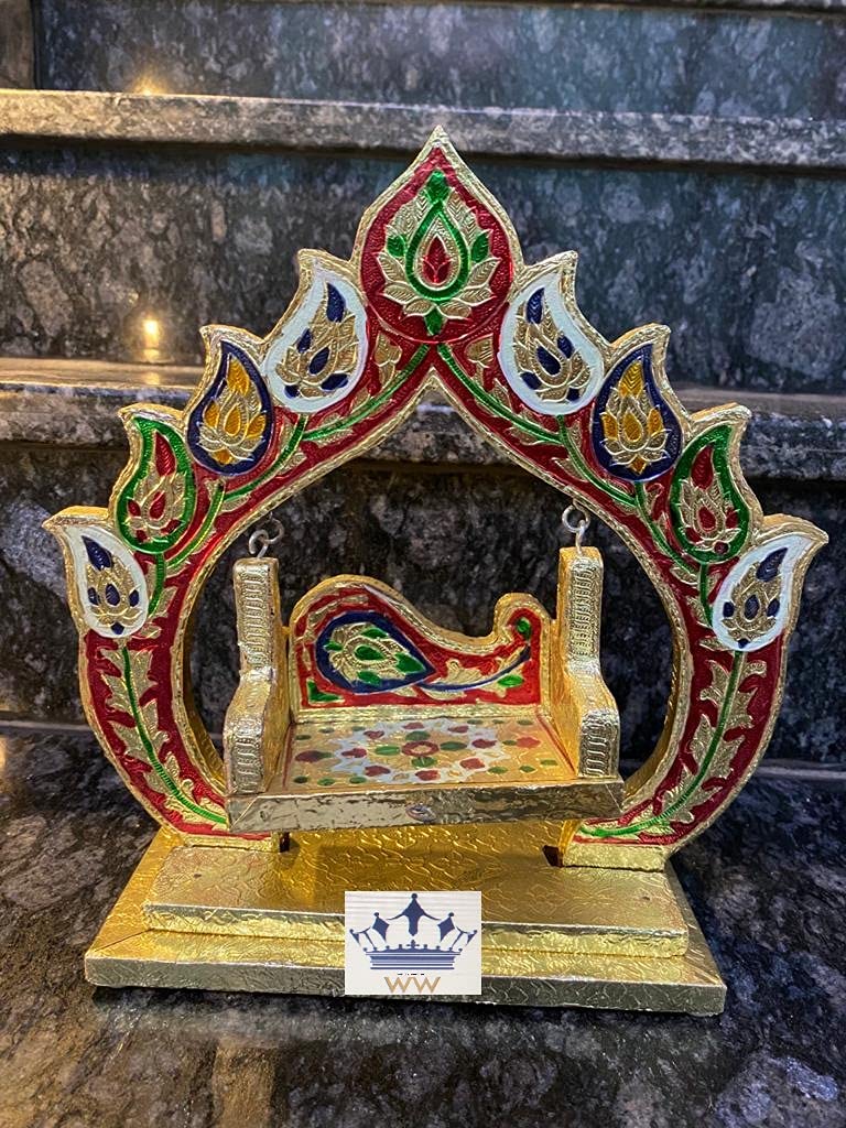 Will and Weaves Laddu Gopal Wooden Jhula Hand crafted Traditional Jhula Meenakari Jhula Kanha Ji Jhoola Carousel Bal Gopal Swing For Size 0 and 1 Thakur Ji For Janmashtami Pooja
