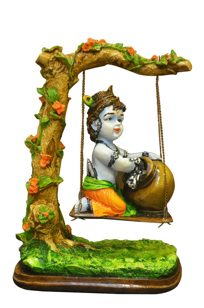 Karigaari India Polyresine Bal Krishna Riding Jhula Blue & Orange