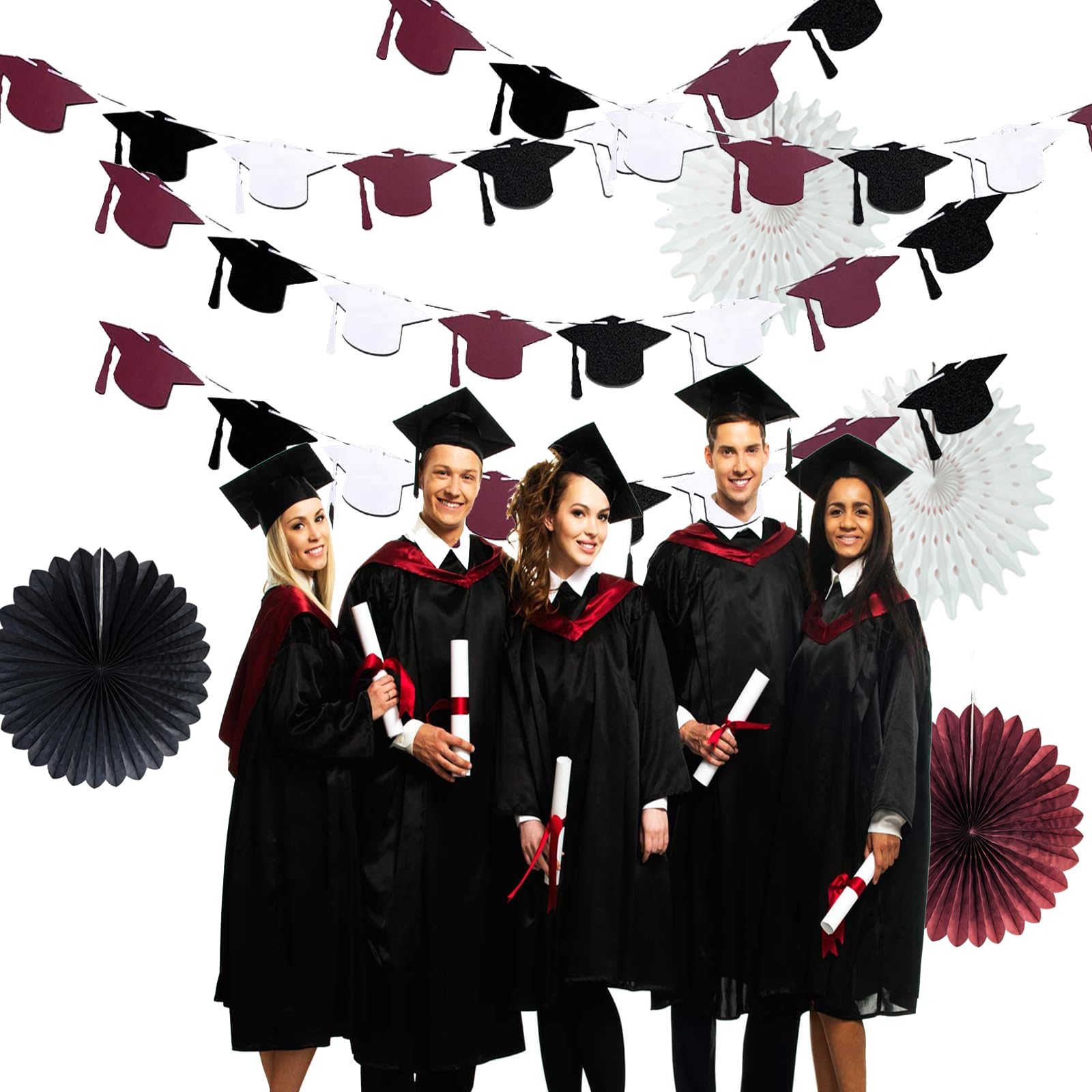 Maroon Graduation Party Decorations/Maroon Grad 2023 4pcs Graduation Hat Banner Garlands Glitter Burgundy White Black for 2023 Graduation Party Supplies