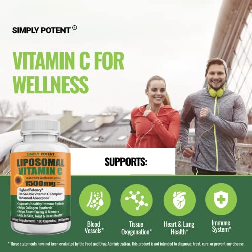Liposomal Vitamin C 1500mg, 180 Capsules, Enhanced Absorption Fat Soluble Ascorbic Acid VIT C, Liquid Liposomal Vitamin C Alternative, High Dose Supplement for Immune, Collagen, Heart & Brain Support