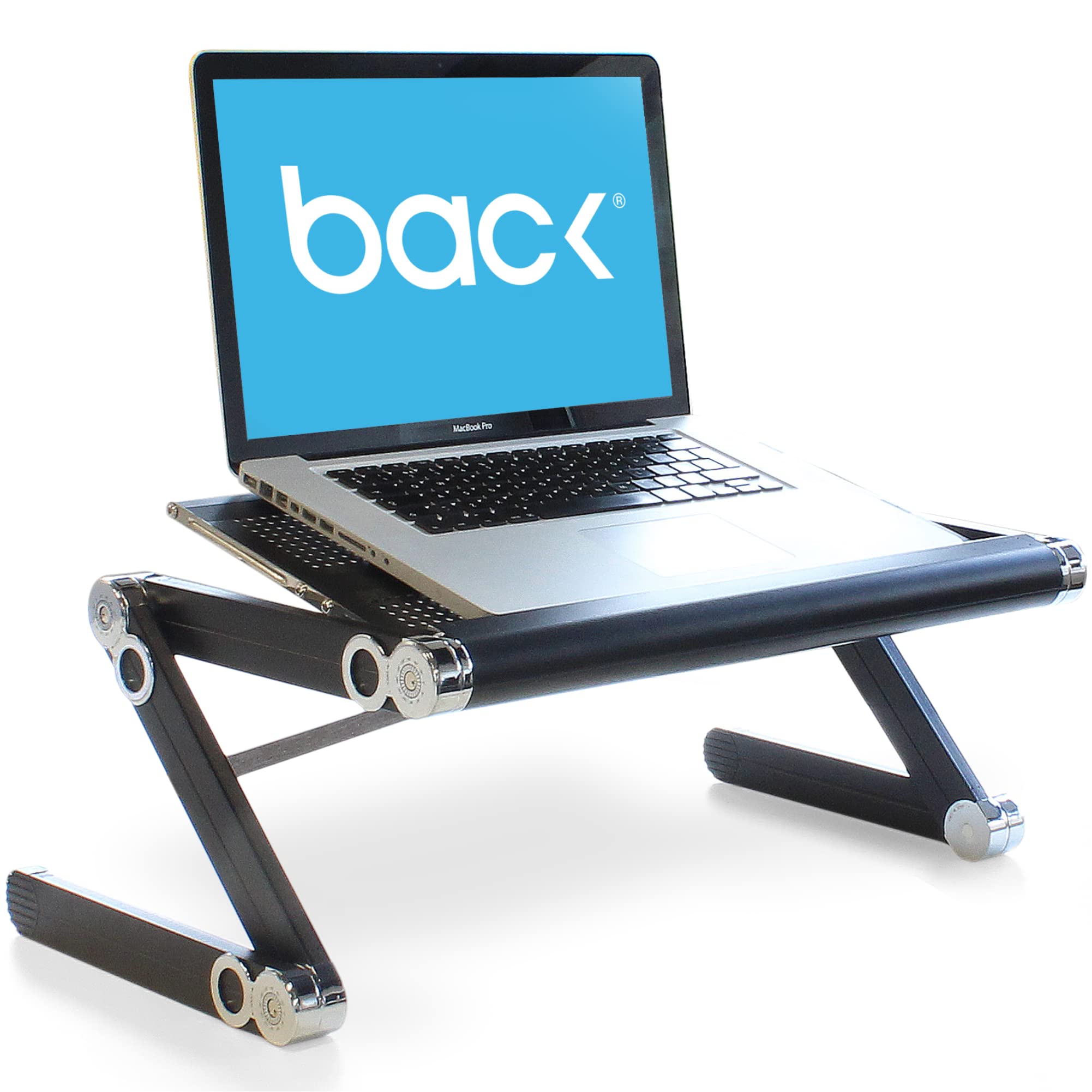 BackPainHelp Posture Laptop Stand Desk Table Tray for Bed, Aluminium, Adjustable Portable Folding Standing Desk Computer Riser (Black)