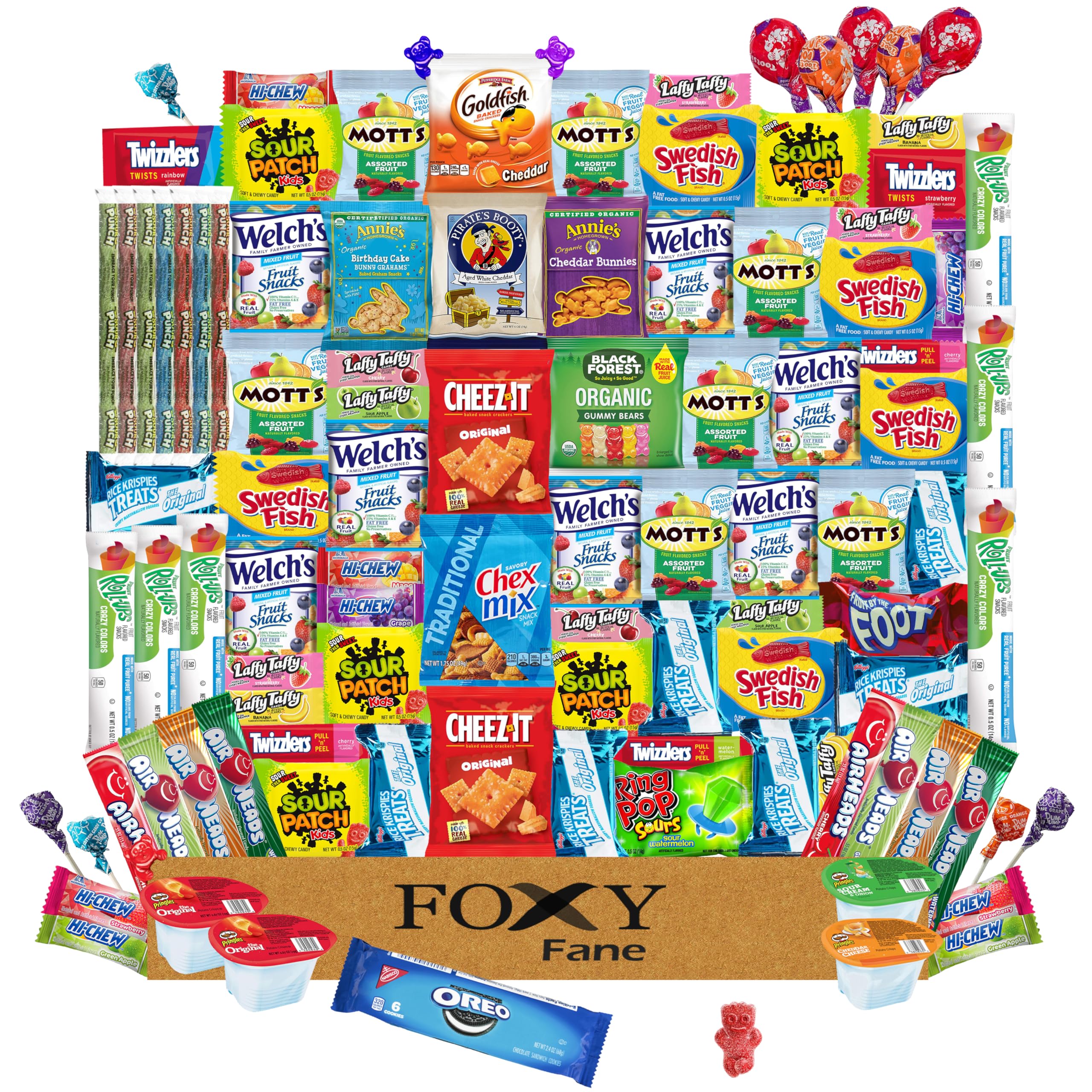 Foxy Fane 100 count Snack Box - Ultimate Gift Basket with Variety Assortment of Crackers, Cookies, Candy & Chips - Bulk Bundle of Delicious Treats for Kids, Teens & Children of all Ages [ 100 Snacks ]