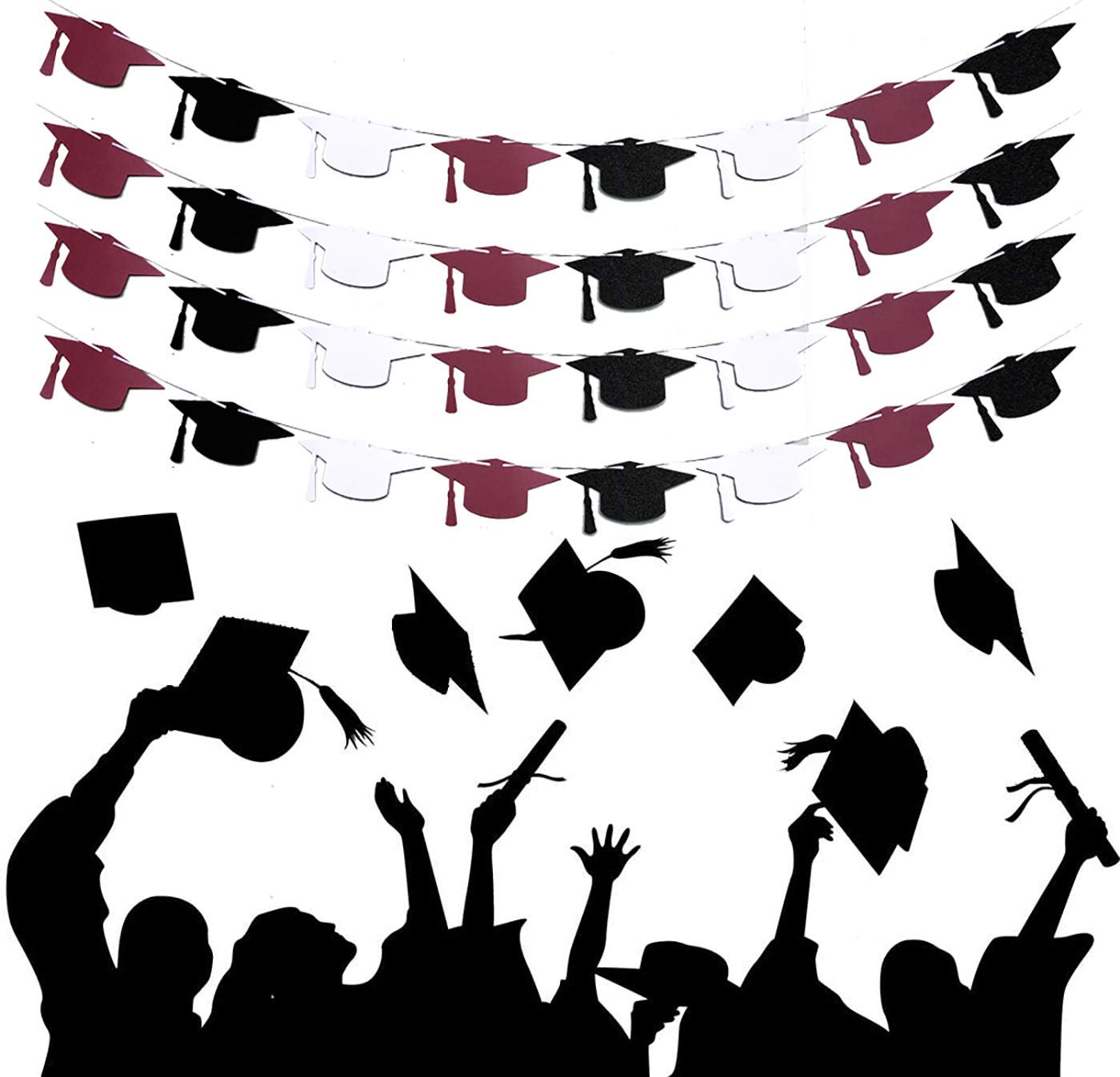Maroon Graduation Party Decorations/Maroon Grad 2023 4pcs Graduation Hat Banner Garlands Glitter Burgundy White Black for 2023 Graduation Party Supplies