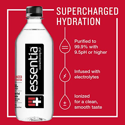 Essentia Bottled Water, Ionized Alkaline Water; 99.9% Pure, Infused with Electrolytes, 9.5 pH or Higher with a Clean, Smooth Taste, 20 Fl Oz (Pack of 24)