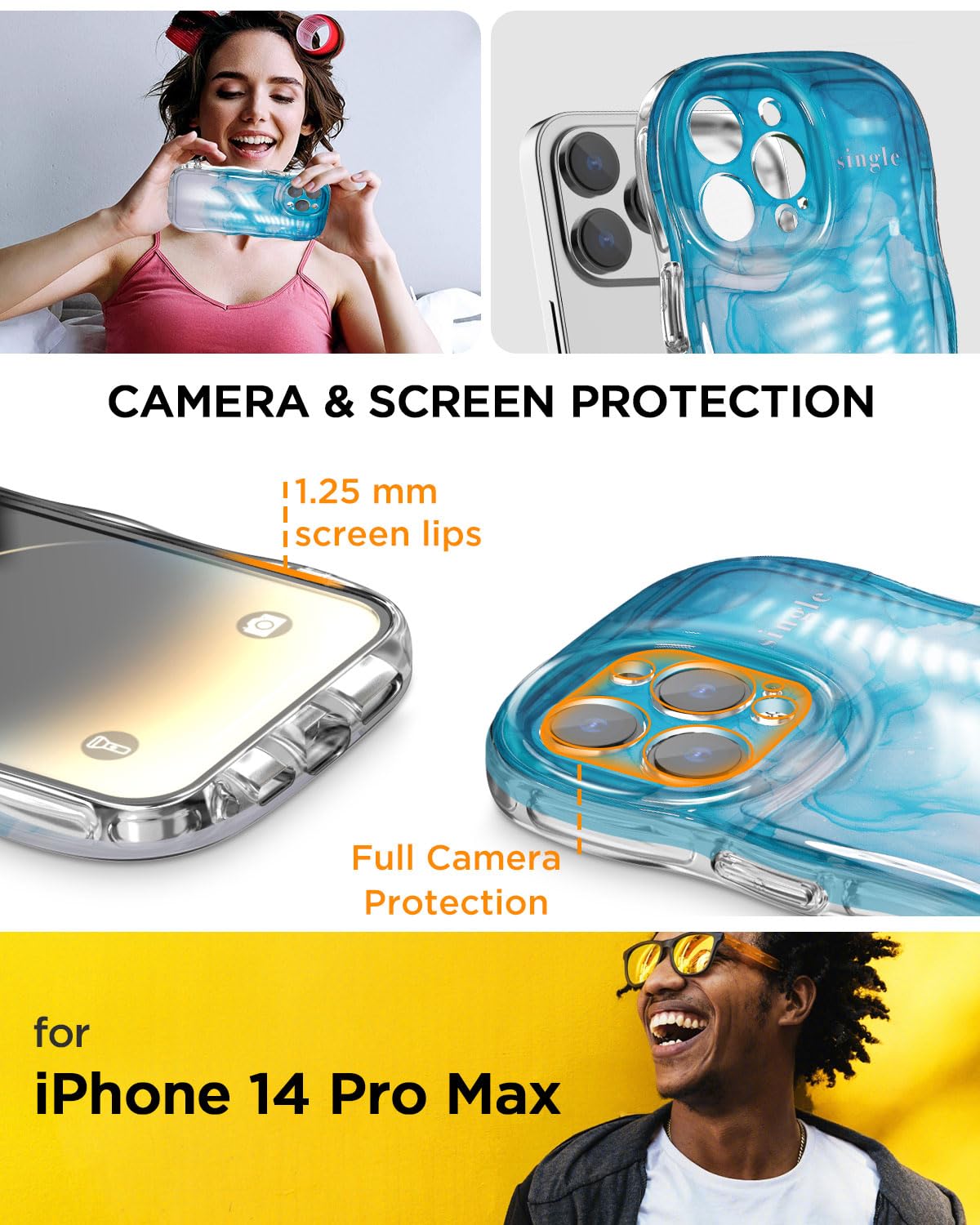 AICase iPhone 14 Pro Max Case Curly Wave Frame Cute Design with Full Camera Lens Protection,Aesthetic Kawaii Slim TPU Bumper Luxury Plated Shockproof Protective Transparent for Women Girls Men_6