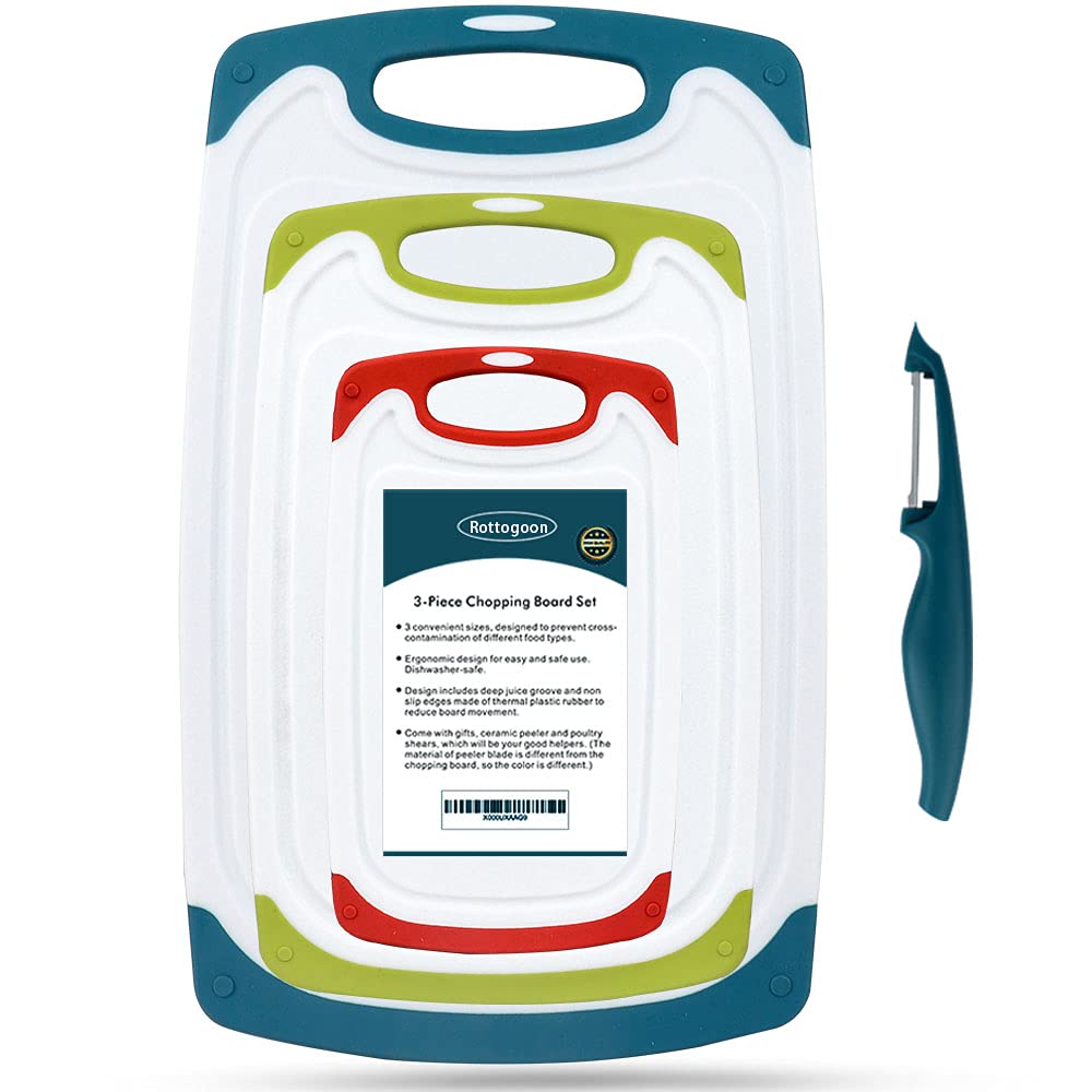 Cutting Boards for Kitchen, Plastic Chopping Board Set of 4 with Non-Slip Feet and Deep Drip Juice Groove, Easy Grip Handle, BPA Free, Non-porous, Dishwasher Safe
