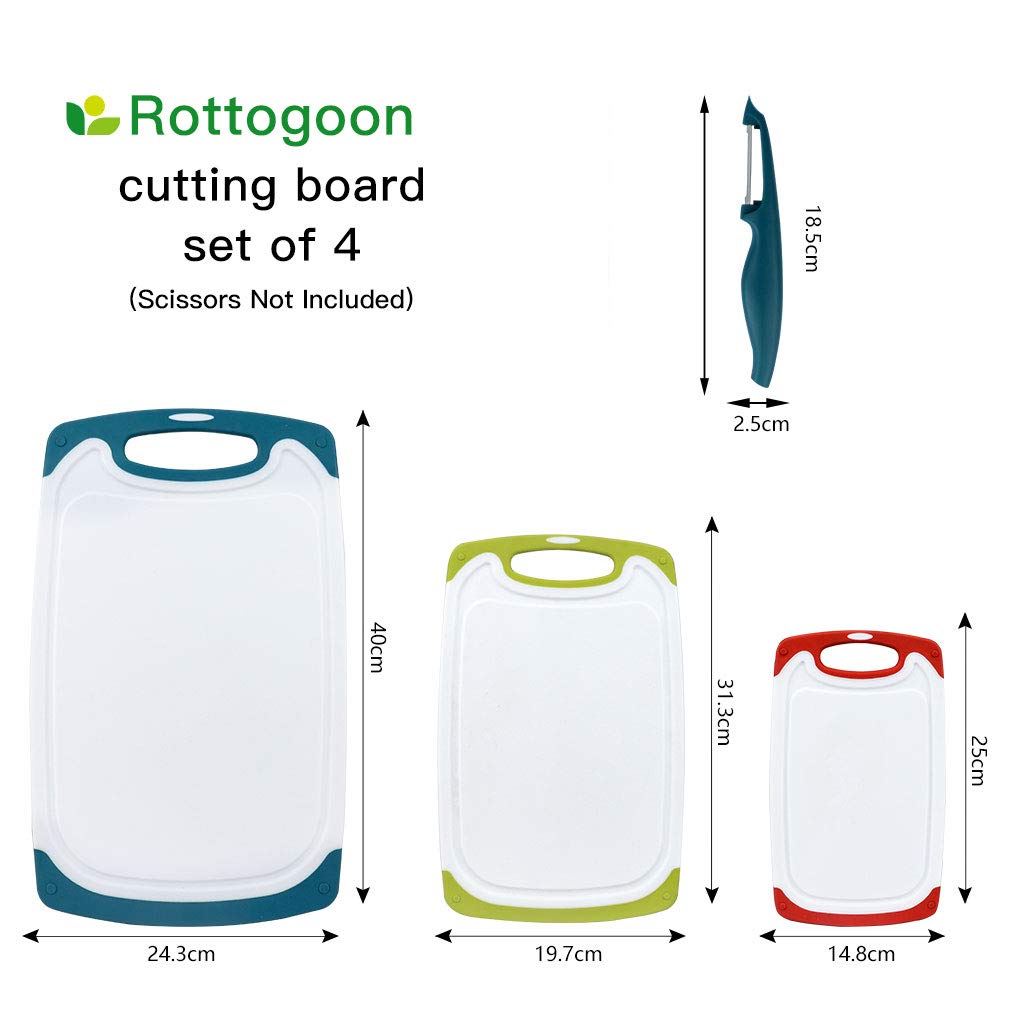 Cutting Boards for Kitchen, Plastic Chopping Board Set of 4 with Non-Slip Feet and Deep Drip Juice Groove, Easy Grip Handle, BPA Free, Non-porous, Dishwasher Safe