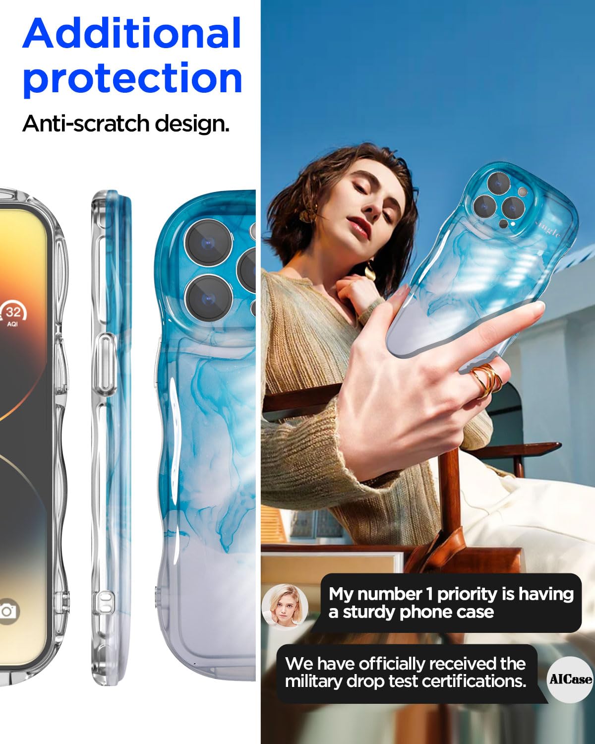 AICase iPhone 14 Pro Max Case Curly Wave Frame Cute Design with Full Camera Lens Protection,Aesthetic Kawaii Slim TPU Bumper Luxury Plated Shockproof Protective Transparent for Women Girls Men_6