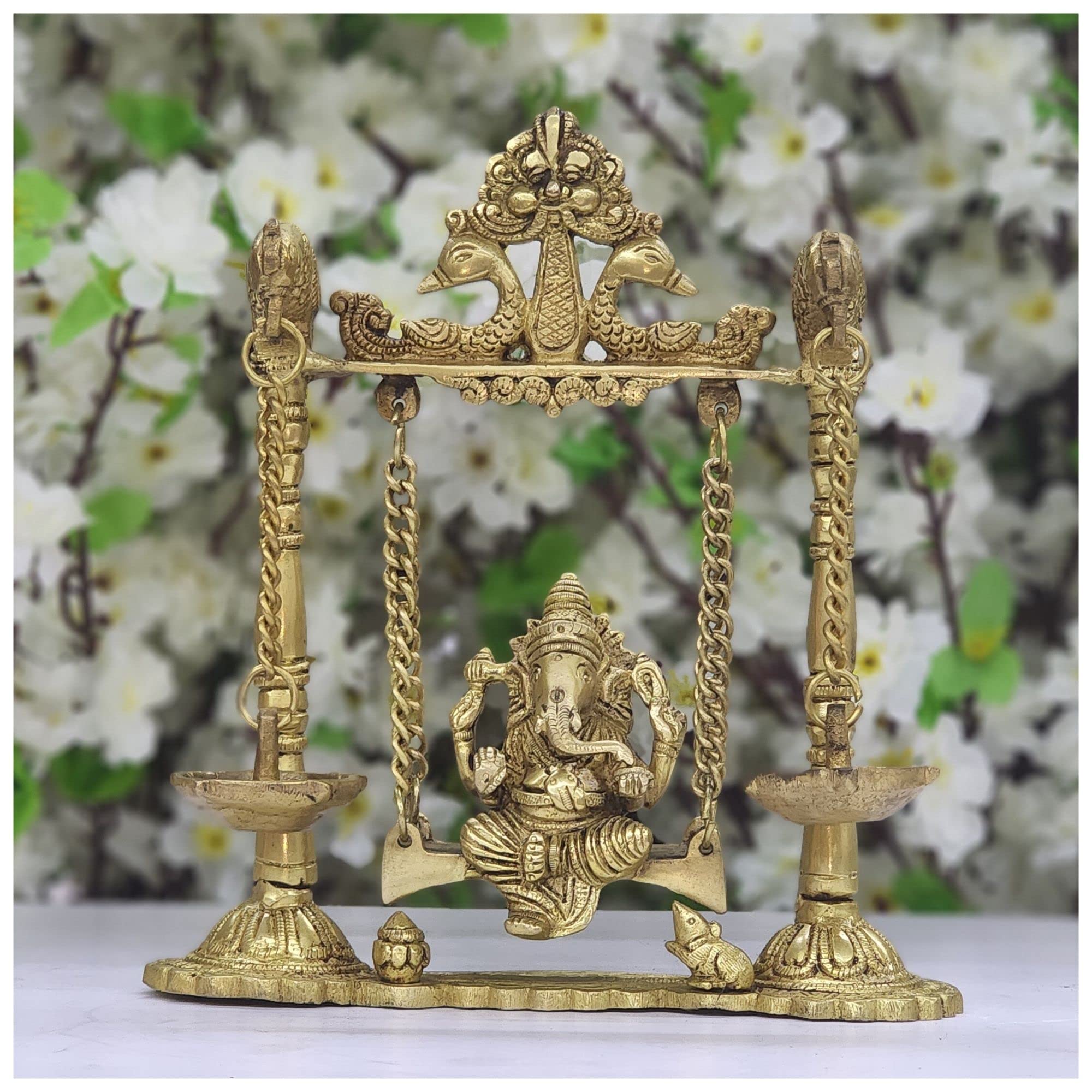 AtoZ India Cart Ganesha Statue on Swing with Diya Brass Ganesha Idol on Jhula Handmade Jhoola Ganesh Murti Showpiece Home Gold 8.75 x 8 x 2.5 inch