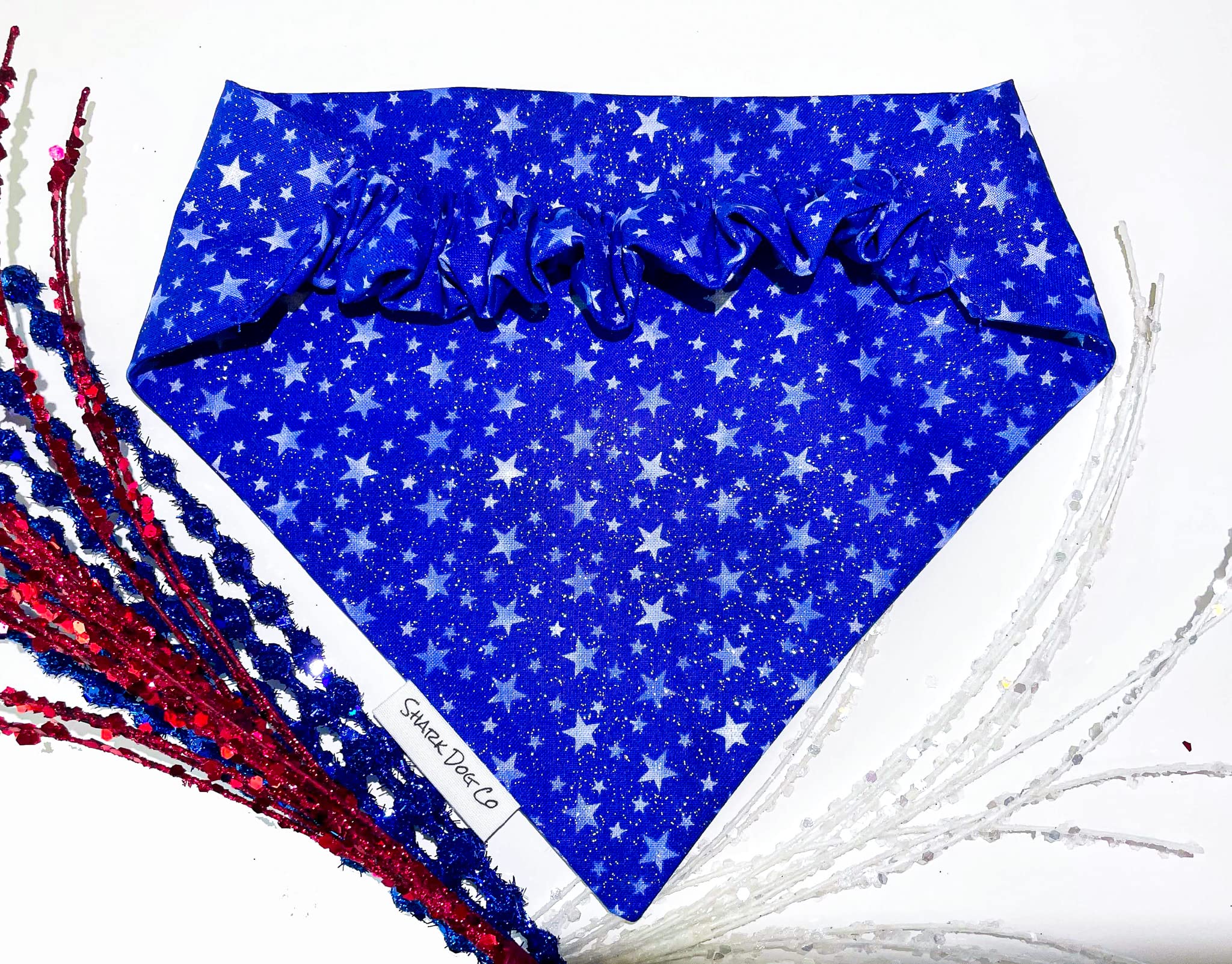 Shark Dog Co | Blue Stars with Glitter | Slip-on, Scrunchie Dog Bandana | No Tying or Collar Necessary | Machine Washable (XL)