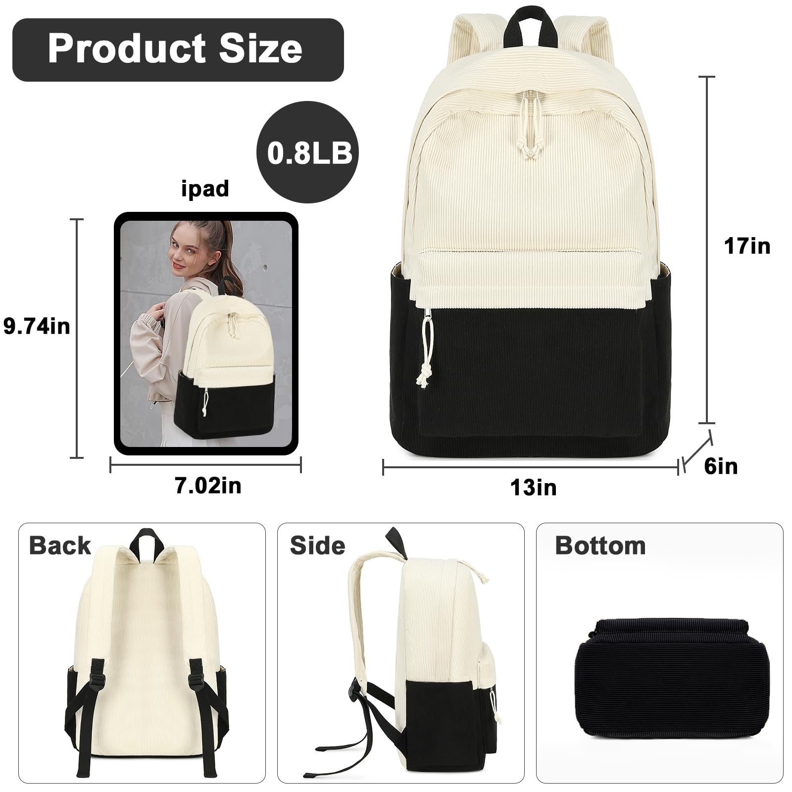 School Backpack for Teens Large Corduroy Bookbag Lightweight 17 inch Laptop Bag for Girls Boys Casual High School College