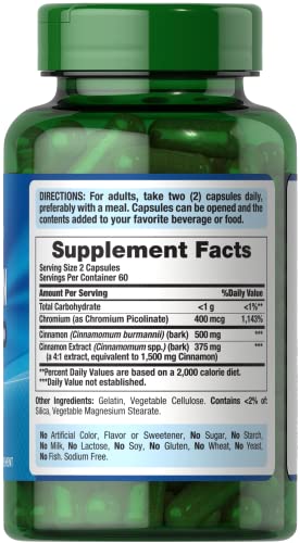 Cinnamon with High Potency Chromium, Supports Sugar and Fat Metabolism, 120 Count by Puritan's Pride Brown (Pack of 1)