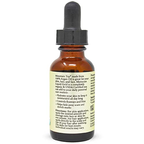 MOUNTAIN TOP Argan Oil USDA Organic 100% Pure Cold Pressed Unrefined - Premium Grade Pure Moisturizer for Dry & Damaged Skin, Hair, Face, Body, Scalp & Nails