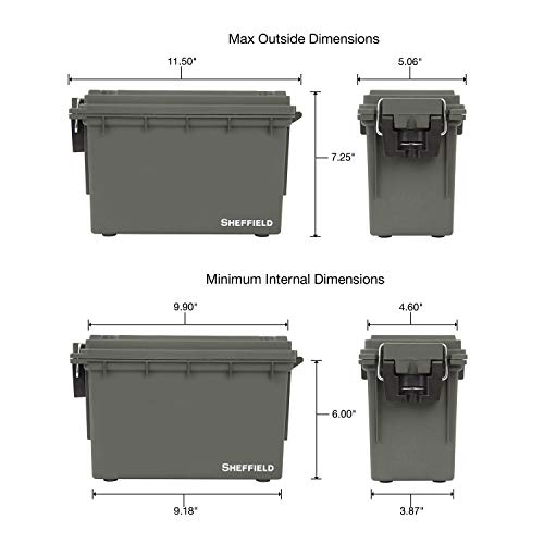 Sheffield 12626 Field Box, Plastic Ammo Can for Pistol, Rifle, and Shotgun Ammo, Water Resistant Ammo Box, Ammo Storage Box w/ 3 Locking Options, Olive Drab Green Ammo Cans, Made in The U.S.A.