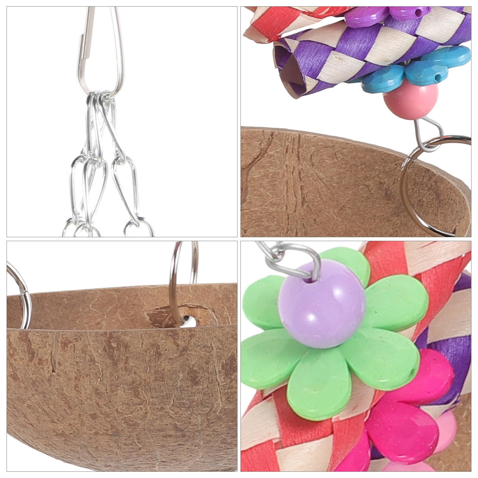 Bird Hammock Coconut Shell Hamster Nest Parrot Cage with Chain Charm and Fake Flower for Pet Hanging Bed (5x11”)
