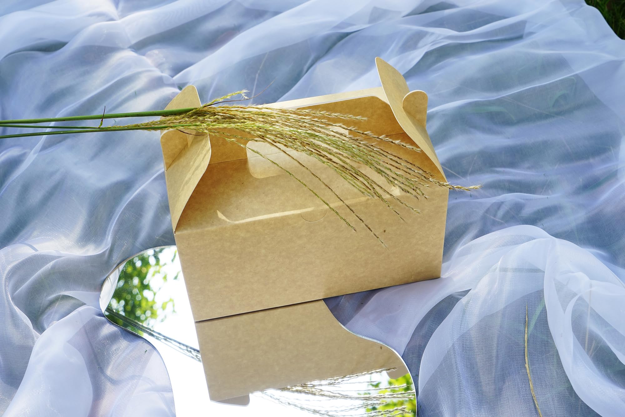 PandaPanda gable boxes (50 pcs) with handle (8.3 * 5.1 * 4.5 inches) for foods, gifts and party favors (100 oz) environment friendly