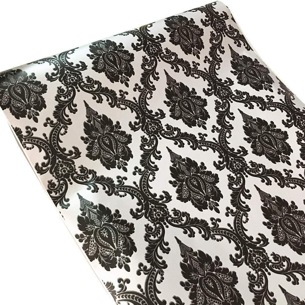 REDODECO Vintage Black Damask Adhesive Paper Shelf Liner Peel & Stick Dresser Drawer Sticker Home Deco Wallpaper 17.7inch by 100inch