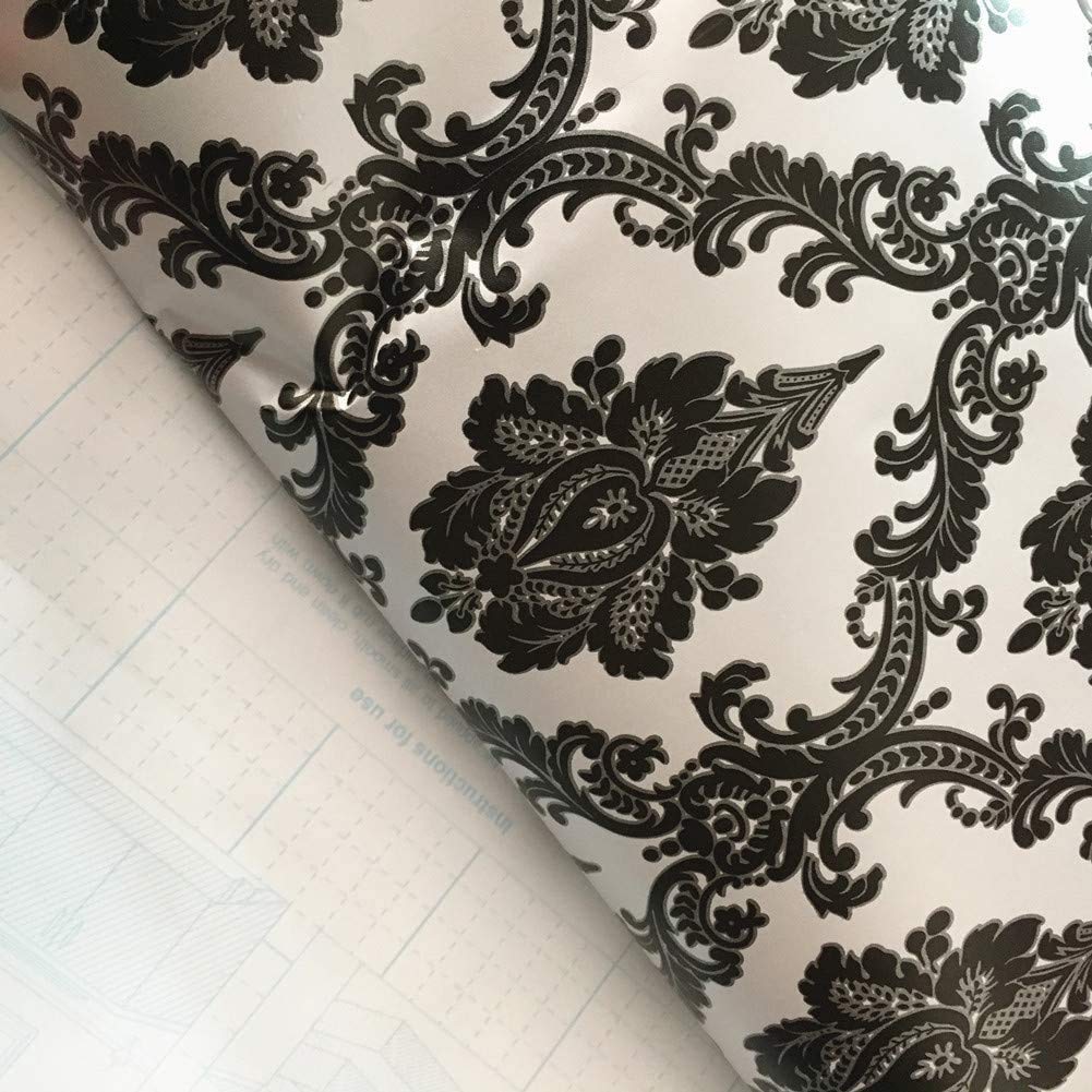 REDODECO Vintage Black Damask Adhesive Paper Shelf Liner Peel & Stick Dresser Drawer Sticker Home Deco Wallpaper 17.7inch by 100inch