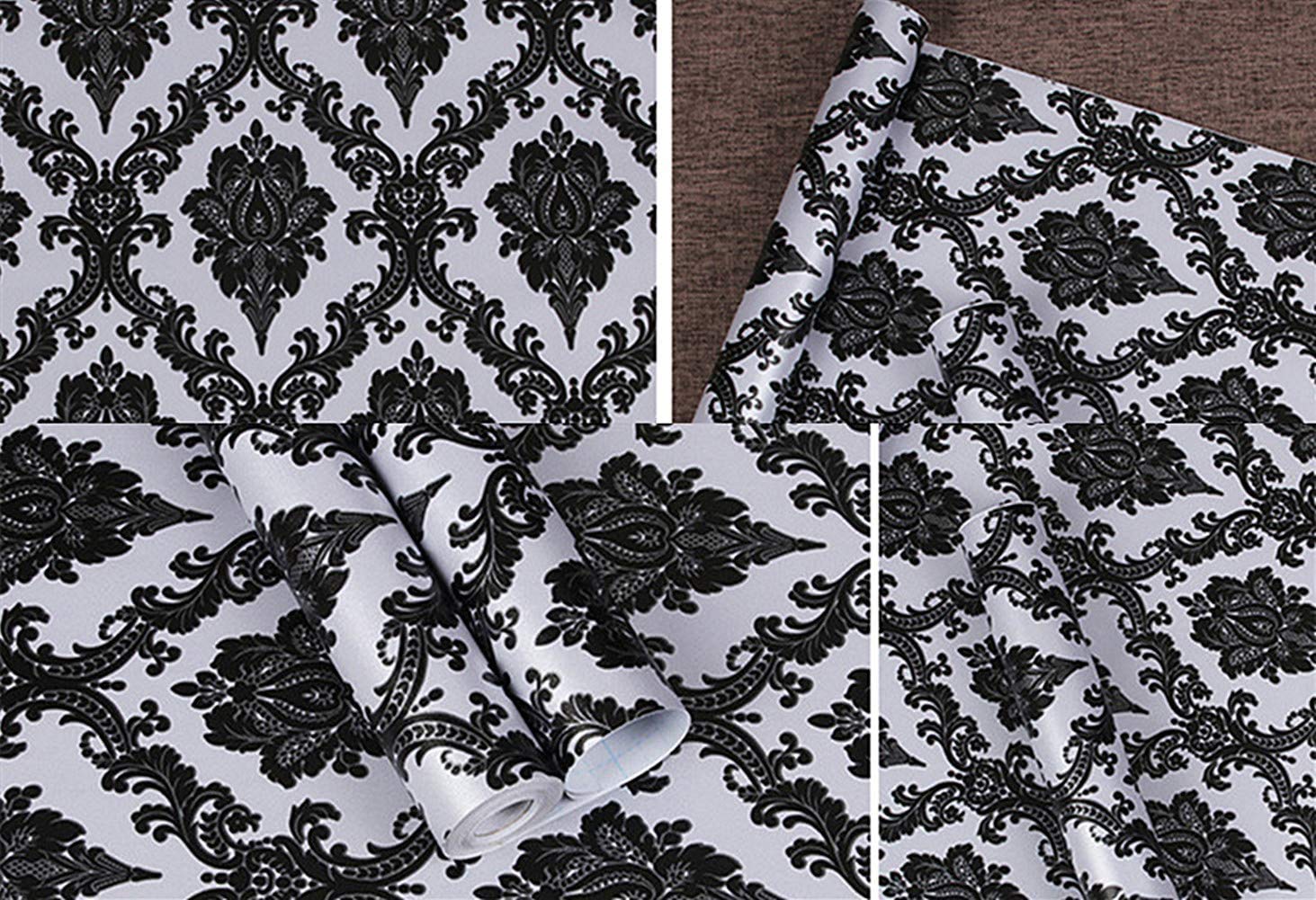 REDODECO Vintage Black Damask Adhesive Paper Shelf Liner Peel & Stick Dresser Drawer Sticker Home Deco Wallpaper 17.7inch by 100inch