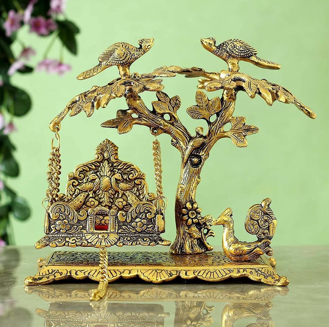 Laddu Gopal Tree Jhula | Palna for Lord Krishna | Krishna Swing Tree II Pooja Room Decor | Gifting showpiece Decorative Showpiece - 20 cm (Aluminum, Gold)
